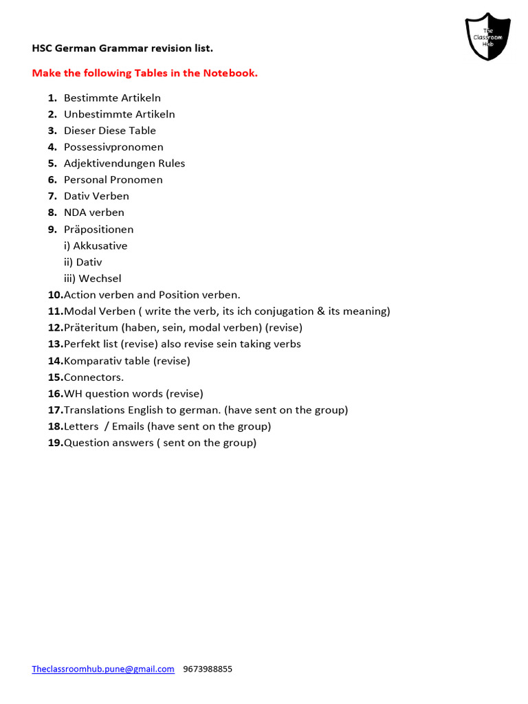 HSC German Last Min Revision Plan | PDF