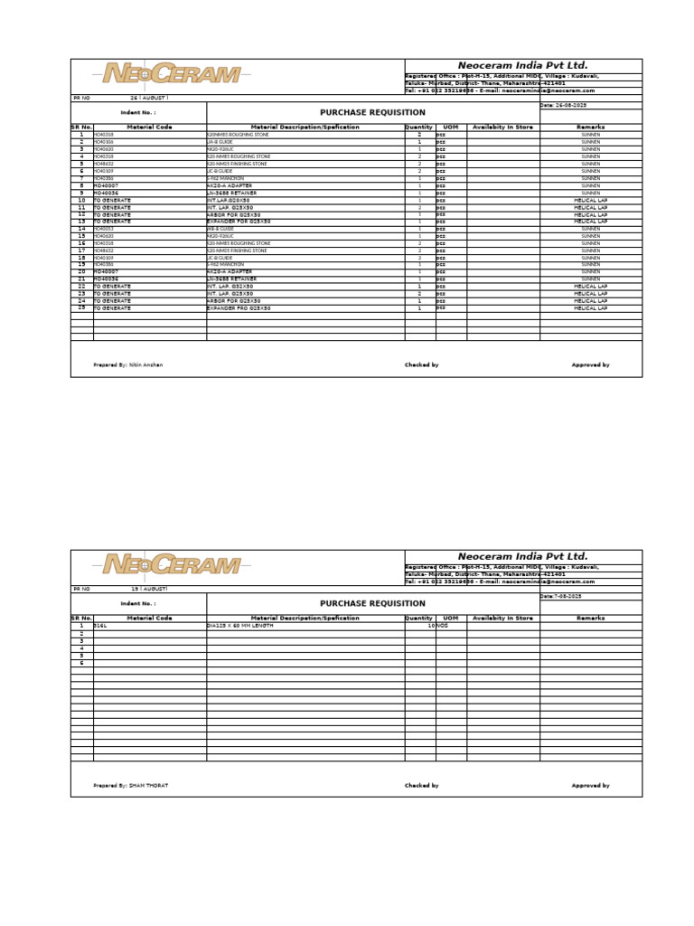 Purchase Requisition for Neoceram India | PDF
