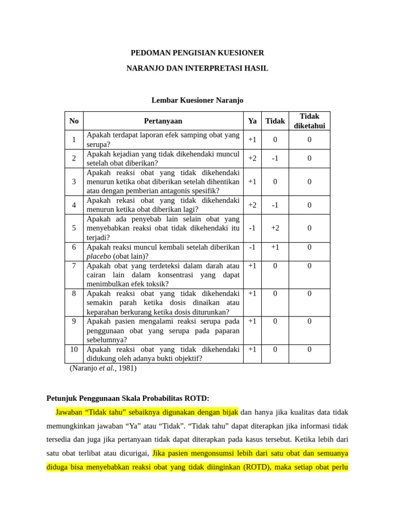 Pedoman Pengisian Kuesioner Naranjo - 12 Agustus 2025 | PDF