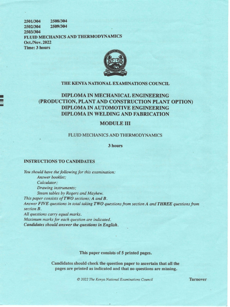 KNEC.2022.Oct-Nov.2503.304-Fluid Mechanics and Thermodynamics | PDF