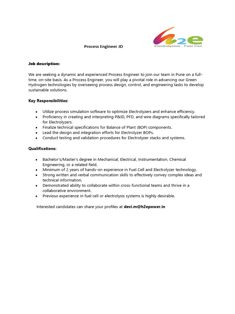 Process Engineer Job in Green Hydrogen | PDF