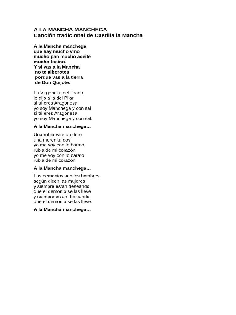Canción Tradicional: A la Mancha Manchega | PDF