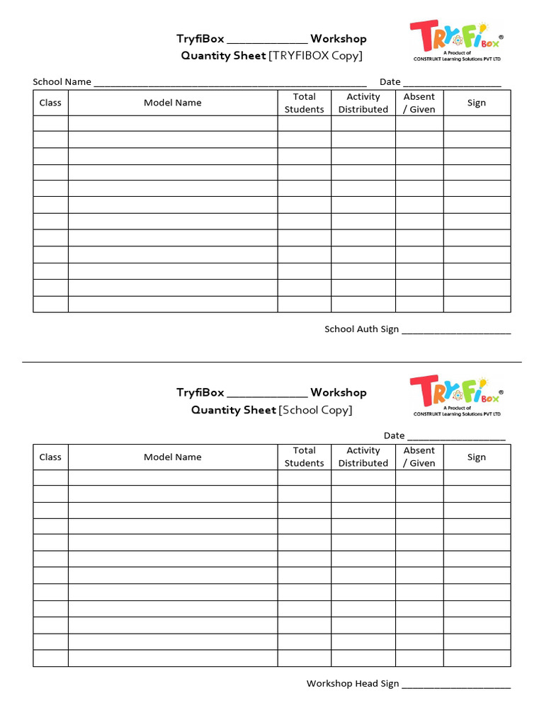 TryfiBox Workshop Quantity Sheet | PDF