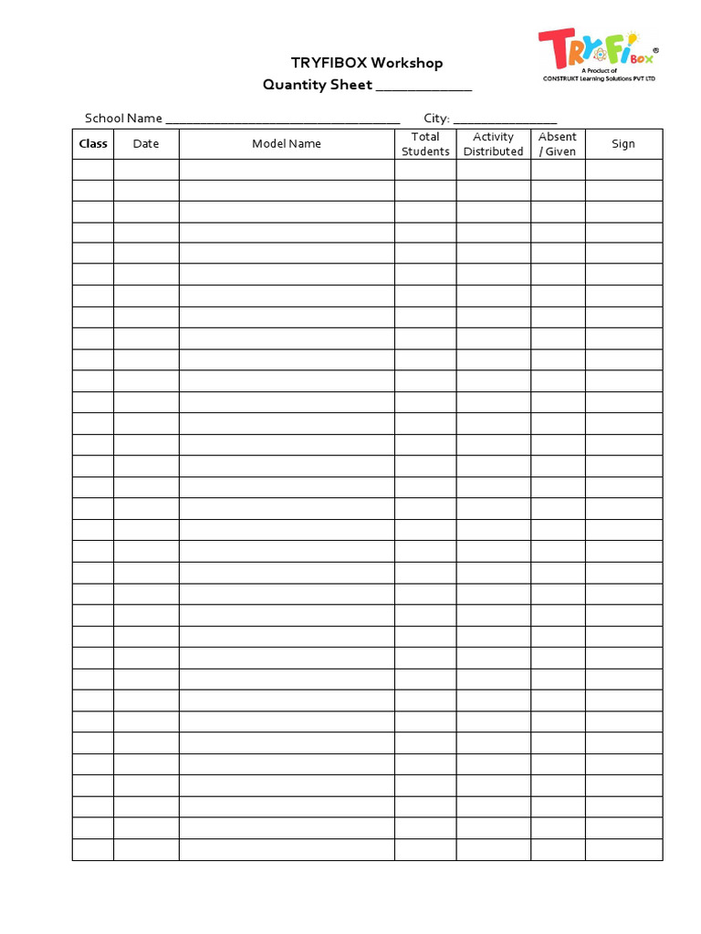 Quantity Sheet (STEM Workshop) School | PDF