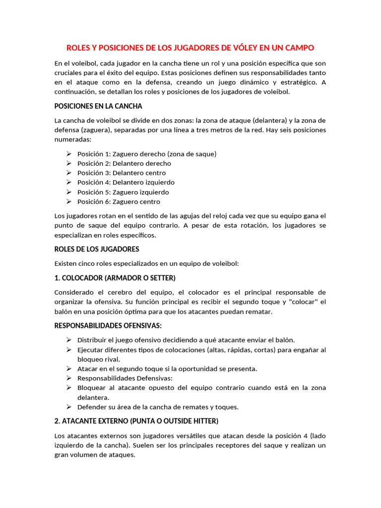 Mia - ROLES Y POSICIONES DE LOS JUGADORES DE VÓLEY EN UN CAMPO | PDF | Vóleibol | Defensor ...