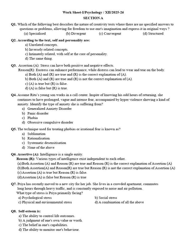 Psychology Worksheet for Class XII 2025-26 | PDF | Intellectual ...