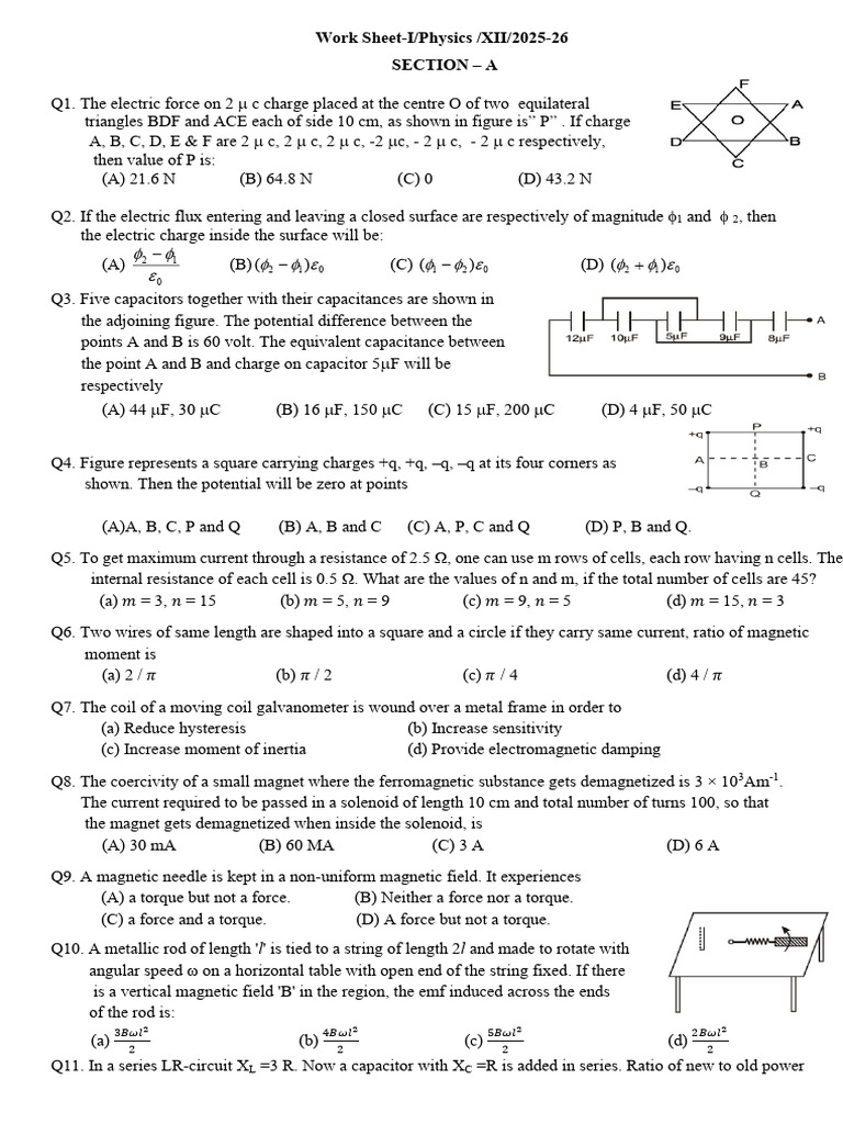 Work Sheet-1 Class 12 Physics | PDF | Inductance | Inductor