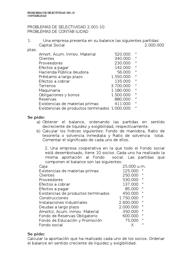 Relacion de Problemas de Contabilidad | PDF | Capital de trabajo | Hoja ...