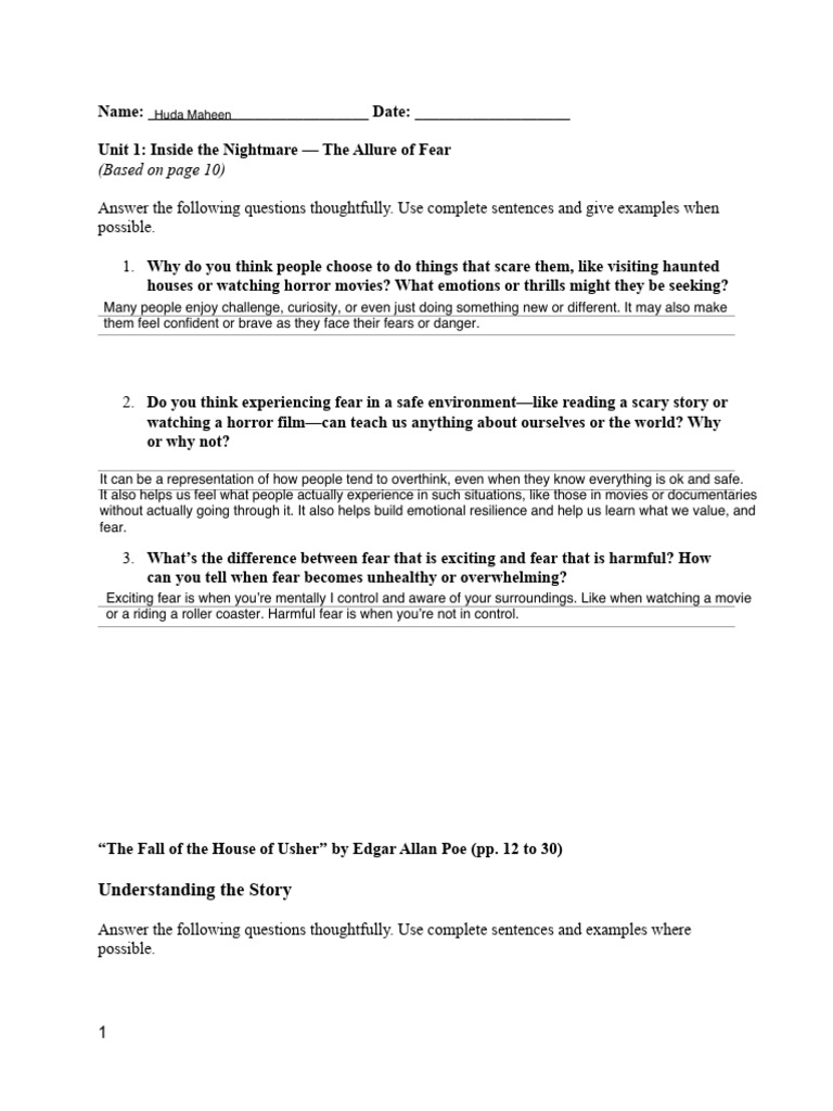 Allure of Fear & The Fall of The House of Usher Handout | PDF | Gothic ...