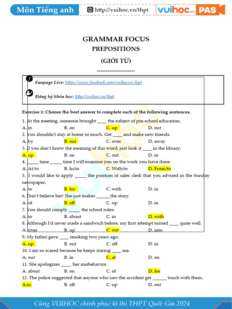 Preposition Exercises and Grammar Guide | PDF