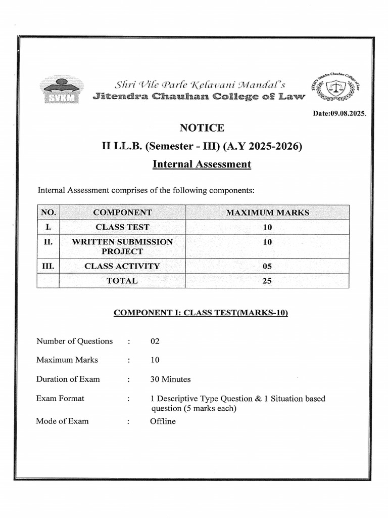 Final Internal Assessment Notice Semester III 25-26 | PDF