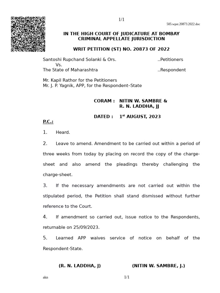 In The High Court of Judicature at Bombay Criminal Appellate Jurisdiction WRIT PETITION (ST) NO ...