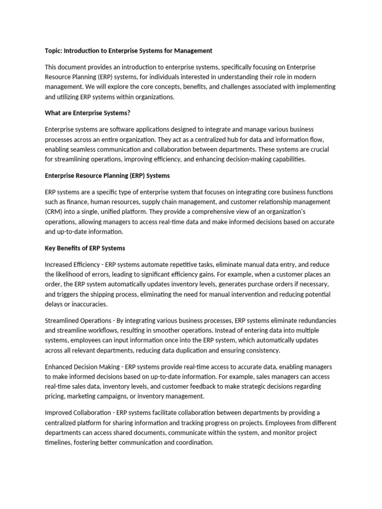 Introduction To Enterprise Systems For Management | PDF | Enterprise Resource Planning ...