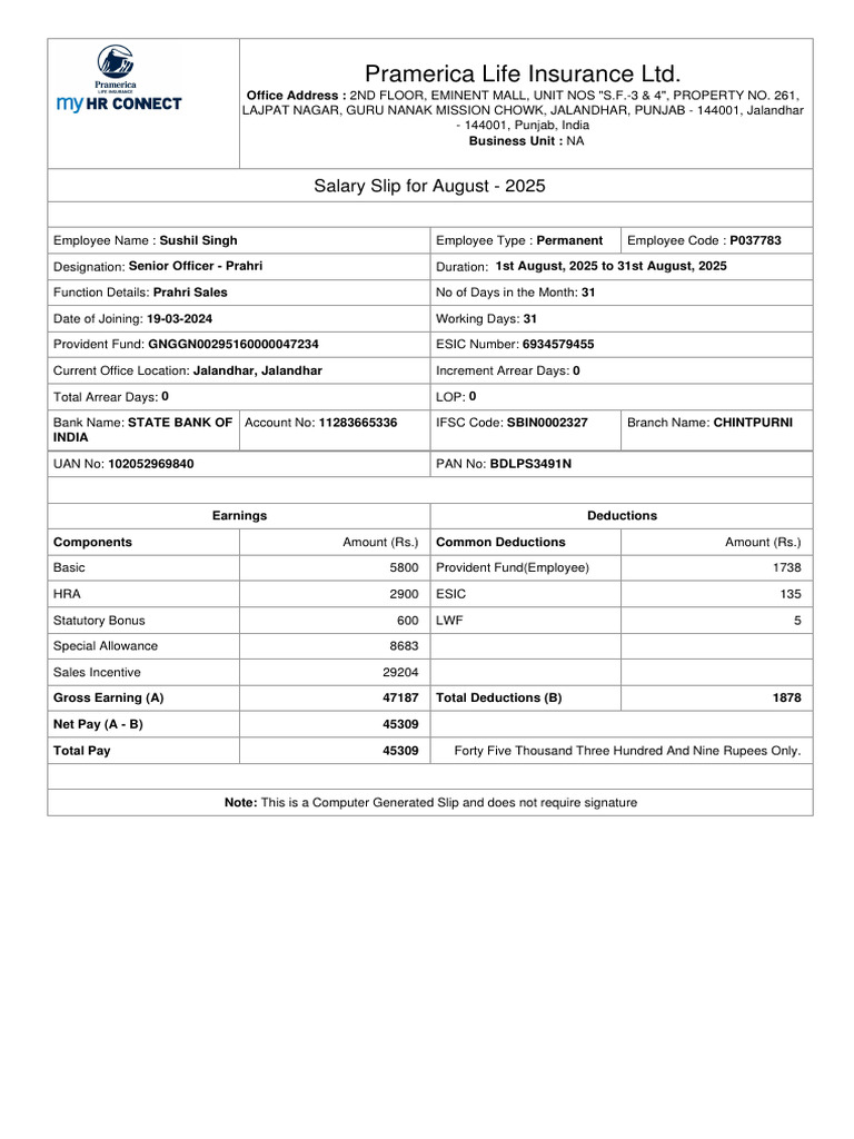 Pramerica Life Insurance LTD.: Salary Slip For August - 2025 | PDF