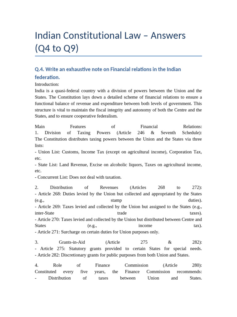 Indian Constitutional Law Q4 To Q9 Final | PDF | Taxes | Government Of ...