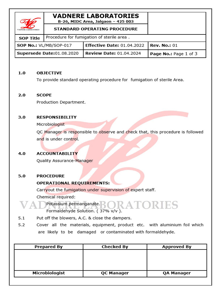 Fumigation SOP for Sterile Areas | PDF | Quality