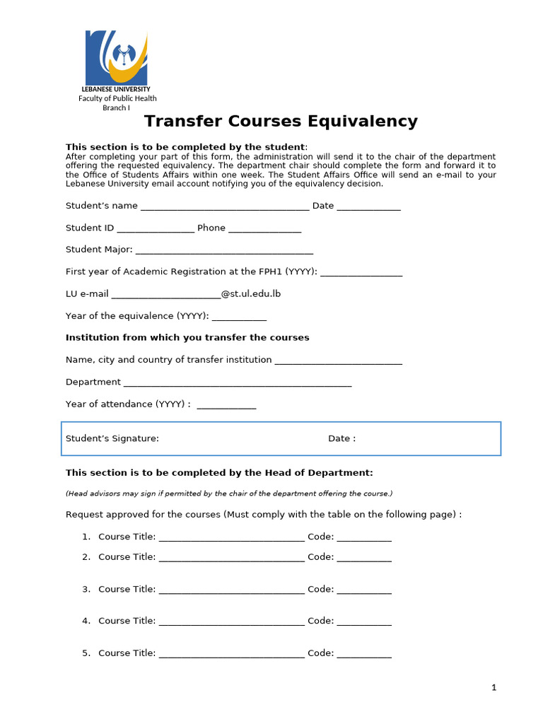 Transfer Course Equivalency Form | PDF
