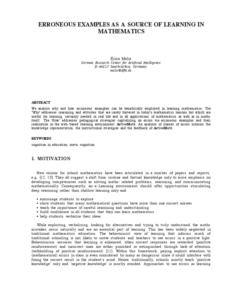 Erroneous Examples As A Source of Learning in Mathematics: 1 ...