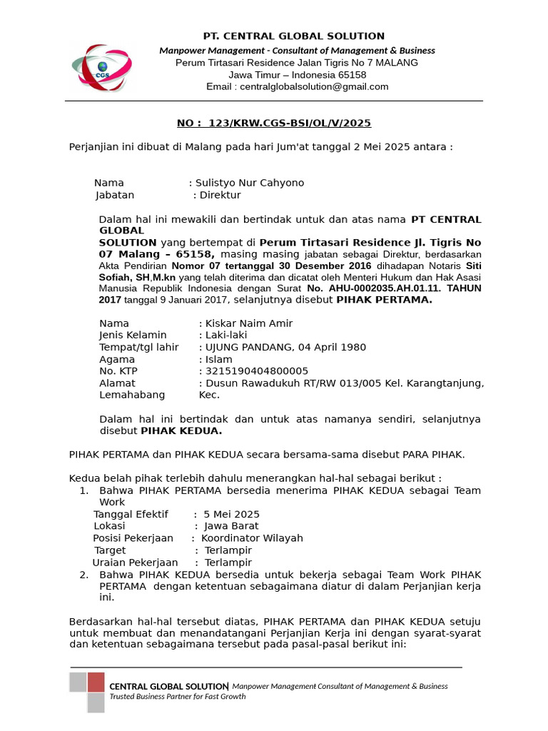 Perjanjian Kerja PT Central Global Solution | PDF
