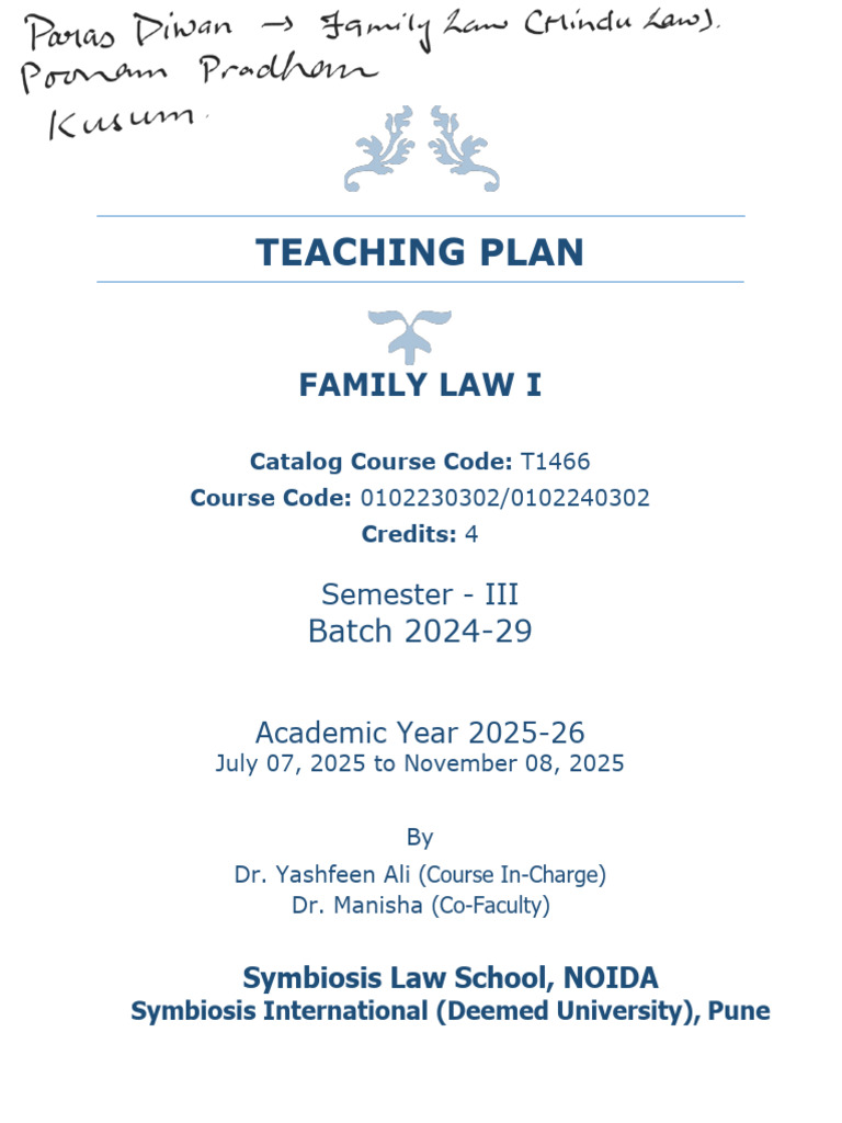 Family Law I Teaching Plan 2025-26 | PDF | Critical Thinking | Turnitin