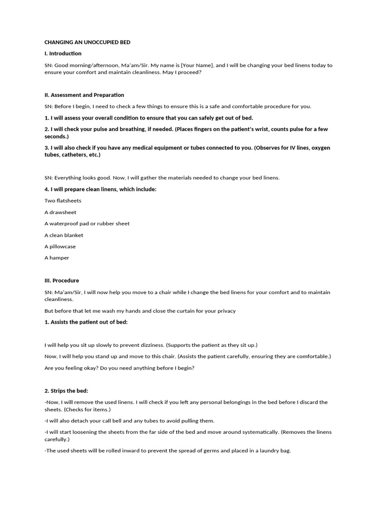 Changing An Unoccupied Bed Retdem Script | PDF | Bed