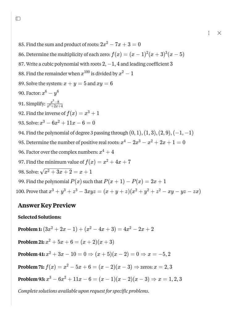 100 Polynomial Practice Problems | PDF | Polynomial | Factorization