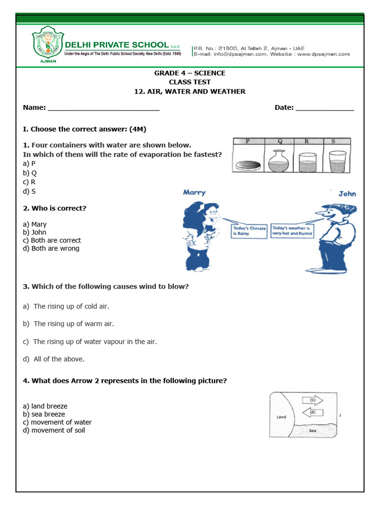 Grade 4 Science Test: Air, Water, Weather | PDF