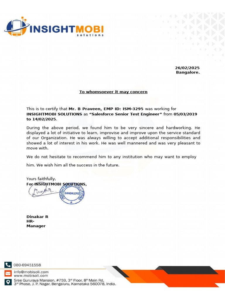 Employment Certificate for B Praveen | PDF