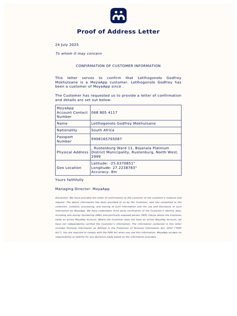 MoyaApp Customer Proof of Address Letter | PDF