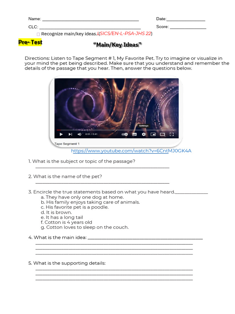 LS1 Eng. WOrksheets-JHS (Main or Key Idea) PDF | PDF