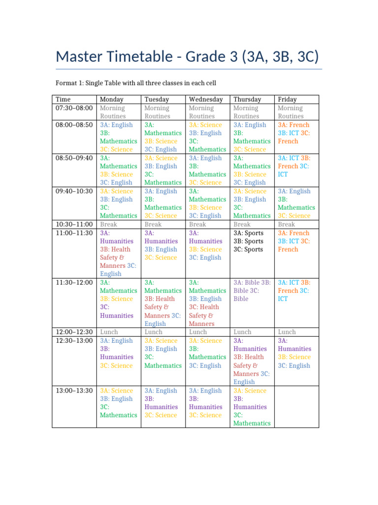 Master Timetable Grade3 3A-3C COLORED | PDF