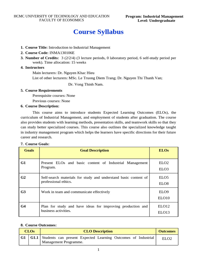Introduction to Industrial Management Syllabus | PDF | Methodology ...