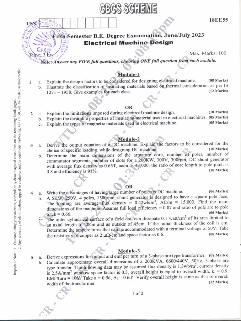 VTU Question Paper of 18EE55 Electrical Machine Design June-July-2023 | PDF