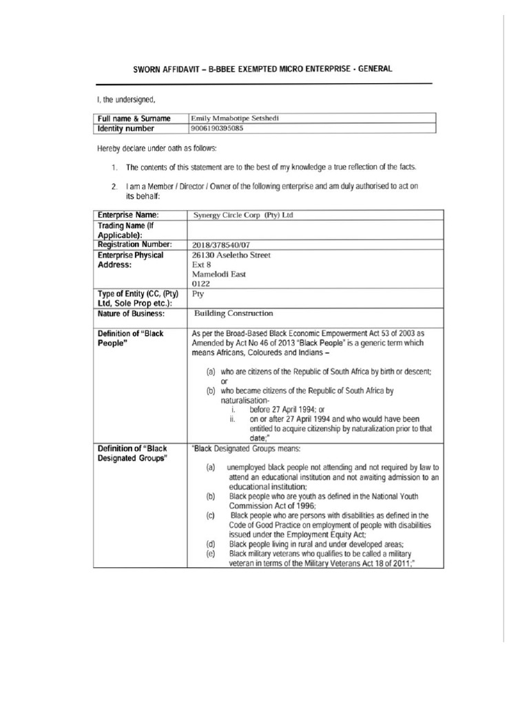 Sworn Affidavit BEE Cert | PDF