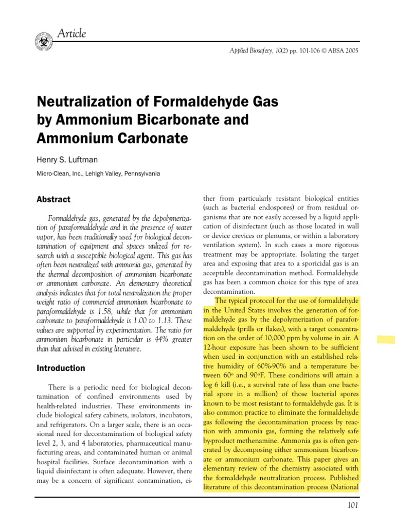 Neutralizing Formaldehyde Gas in Labs | PDF | Ammonia | Formaldehyde