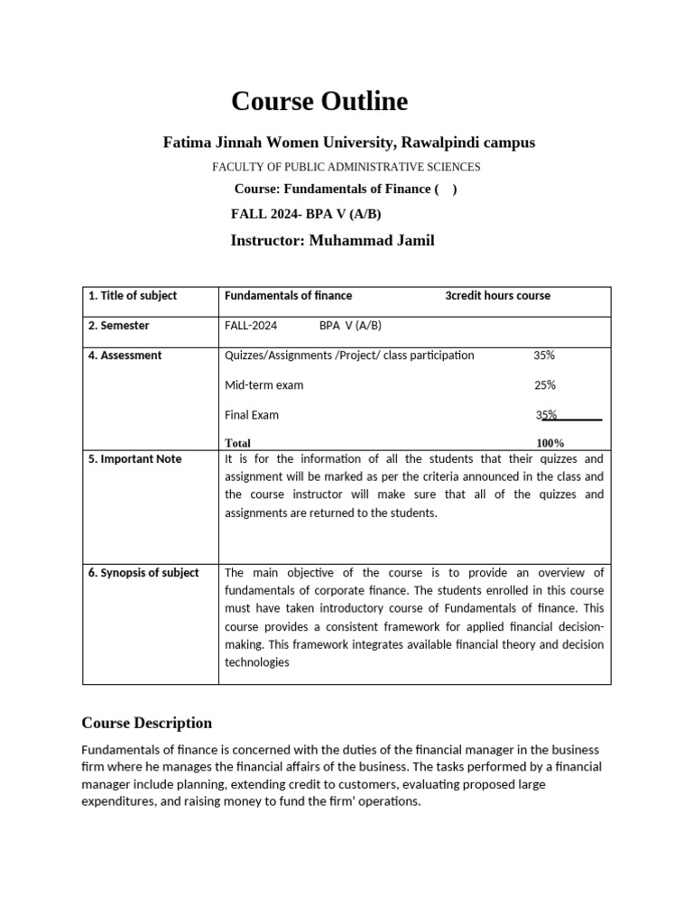 Fundamentals of Finance Course Outline | PDF | Valuation (Finance ...