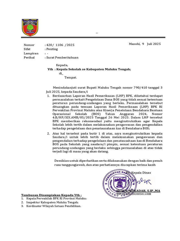 Surat Tindak Lanjut Temuan BPK 2025 - Kepala Dinas Ke Sekolah Semua Net | PDF