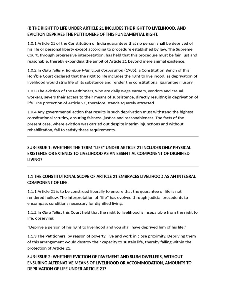 Right to Life and Livelihood Under Article 21 | PDF | Constitutional ...
