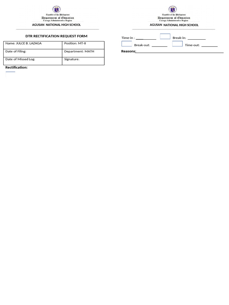 DTR Rectification Request Form Anhs 2 6 1 | PDF