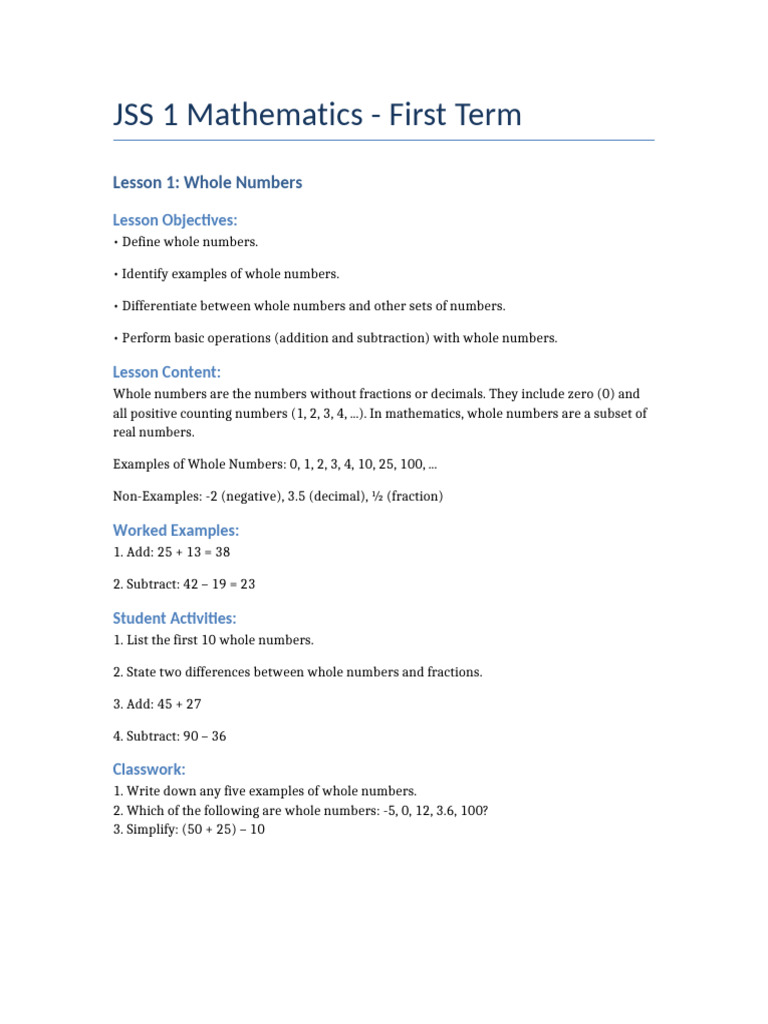 JSS1 Mathematics Lesson1 Whole Numbers | PDF