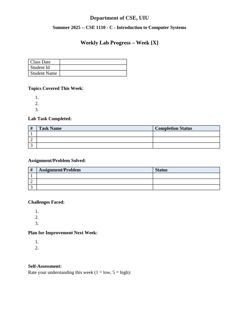 CSE 1110 Weekly Lab Progress Report | PDF
