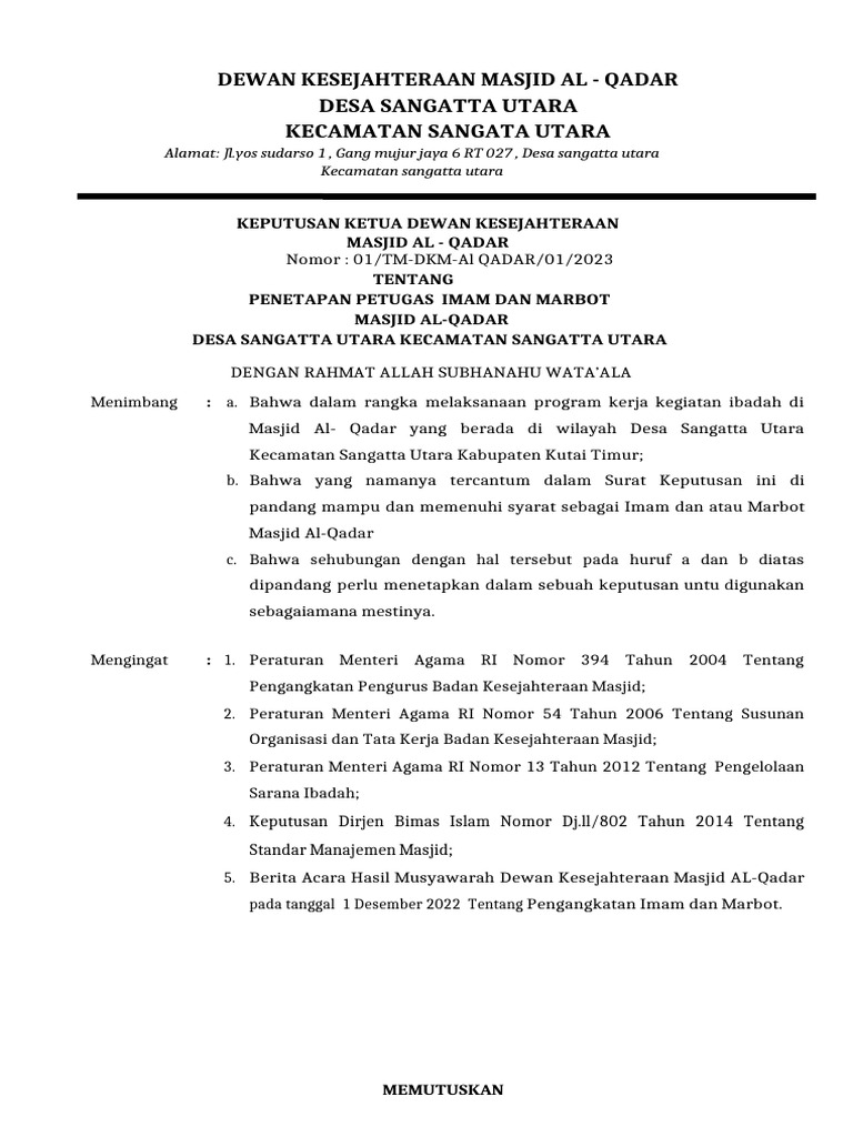 Contoh SK Imam Dan Marbot Masjid-Mushola | PDF