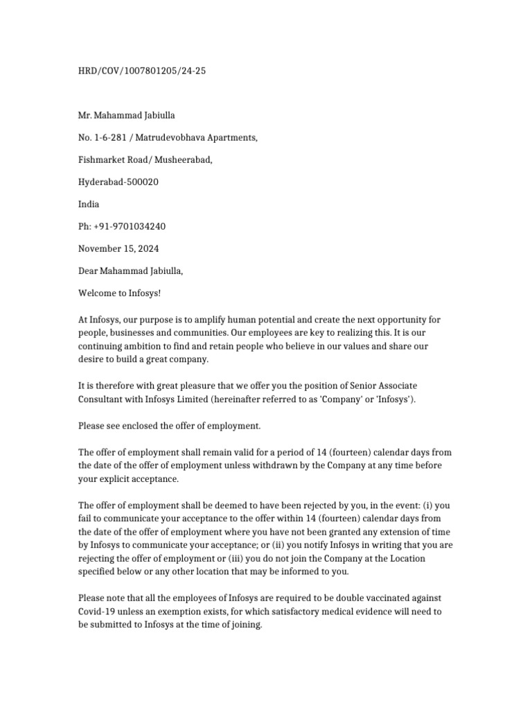 Infosys Offer Letter for Senior Associate | PDF