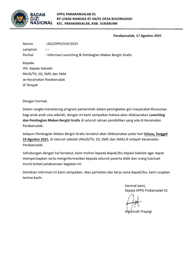 Launching Makan Bergizi Gratis Parakansalak | PDF