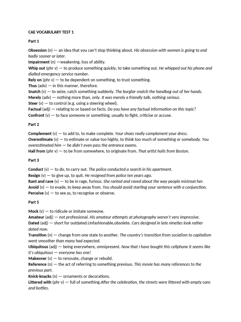 Vocabulary Test 1 Cae | PDF