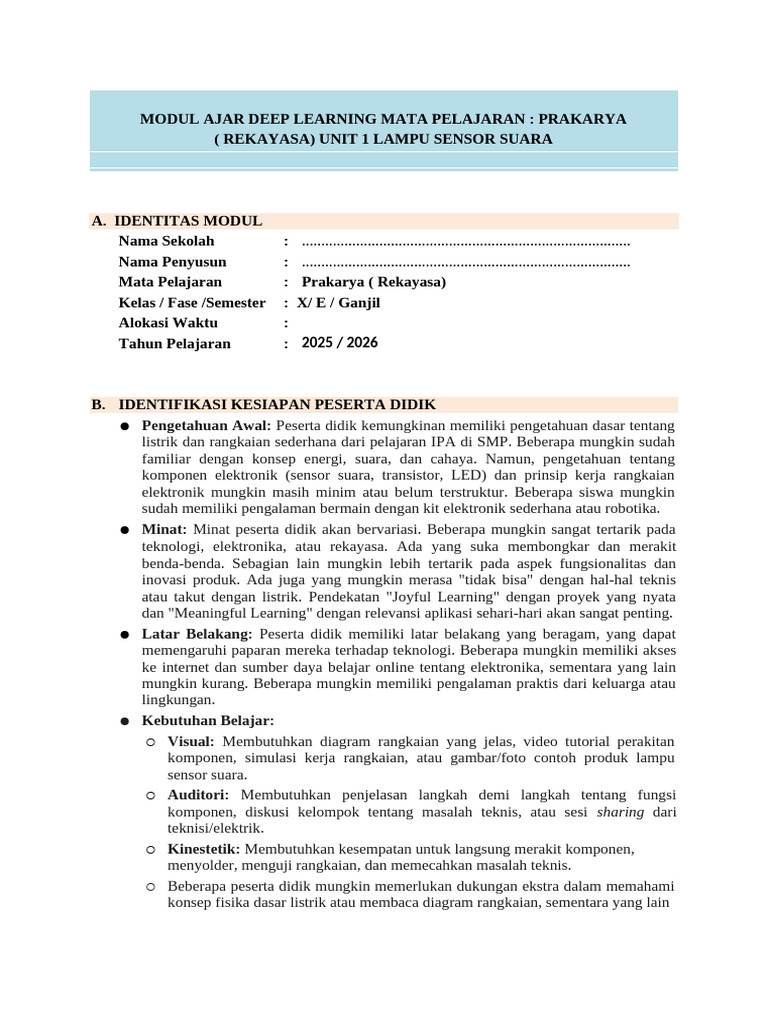 Sample Kls 10 - PRAKARYA Rekayasa Unit 1 Lampu Sensor Suara | PDF