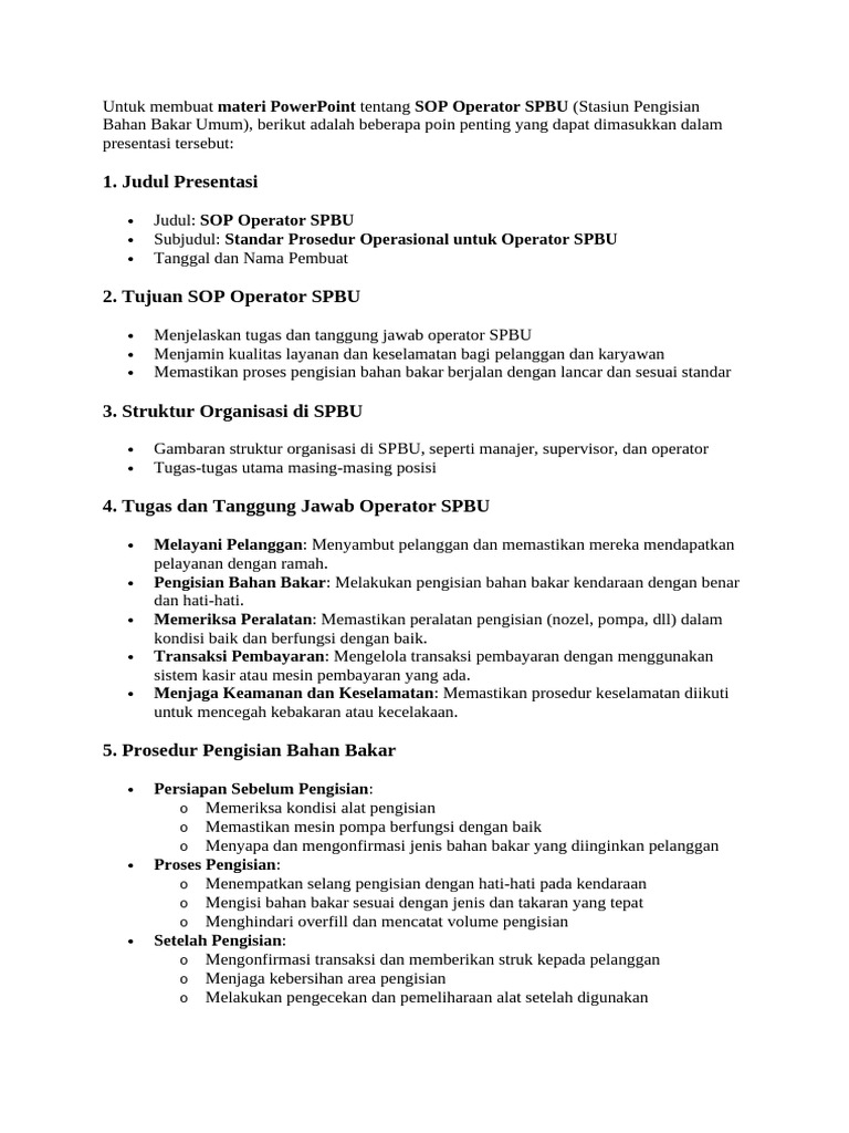 SOP untuk Operator SPBU | PDF