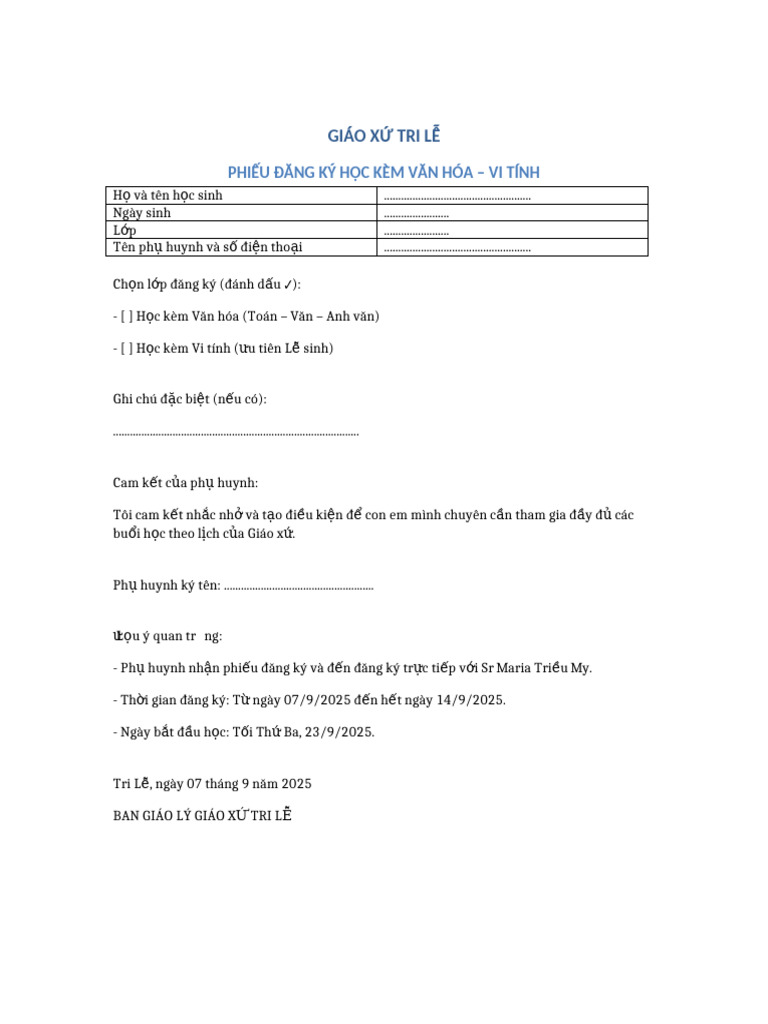 Phieu Dang Ky Hoc Kem | PDF