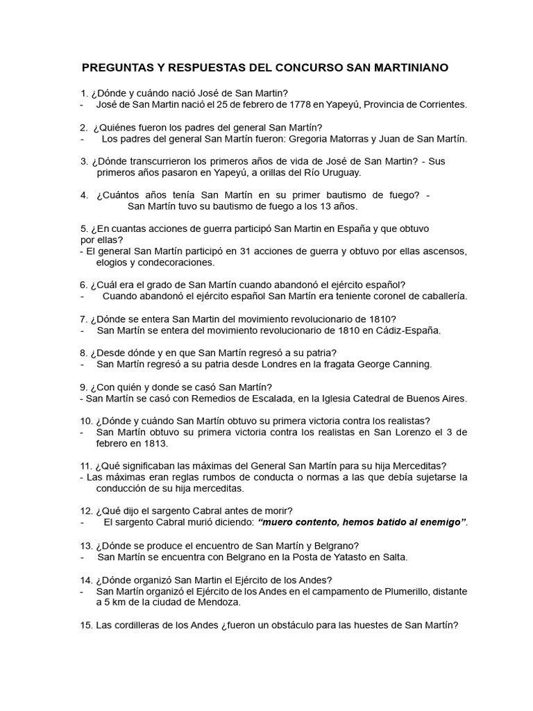 Preguntas sobre José de San Martín | PDF | América del Sur ...