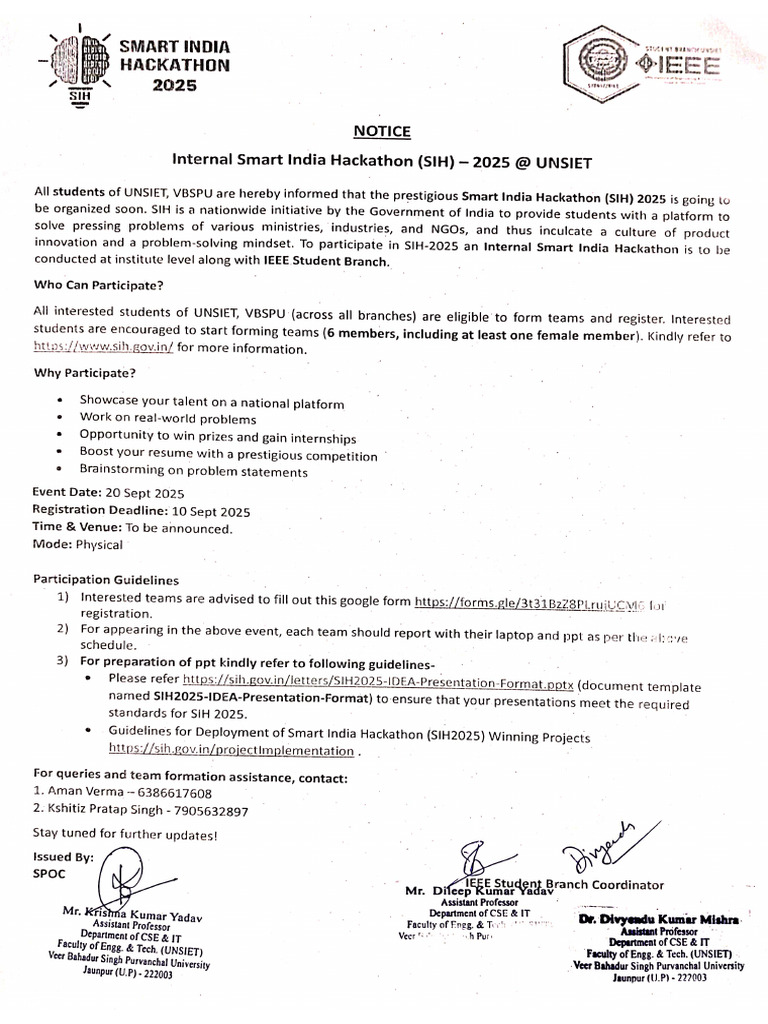 Internal Smart India Hackathon (SIH) 2025 at UNSIET | PDF